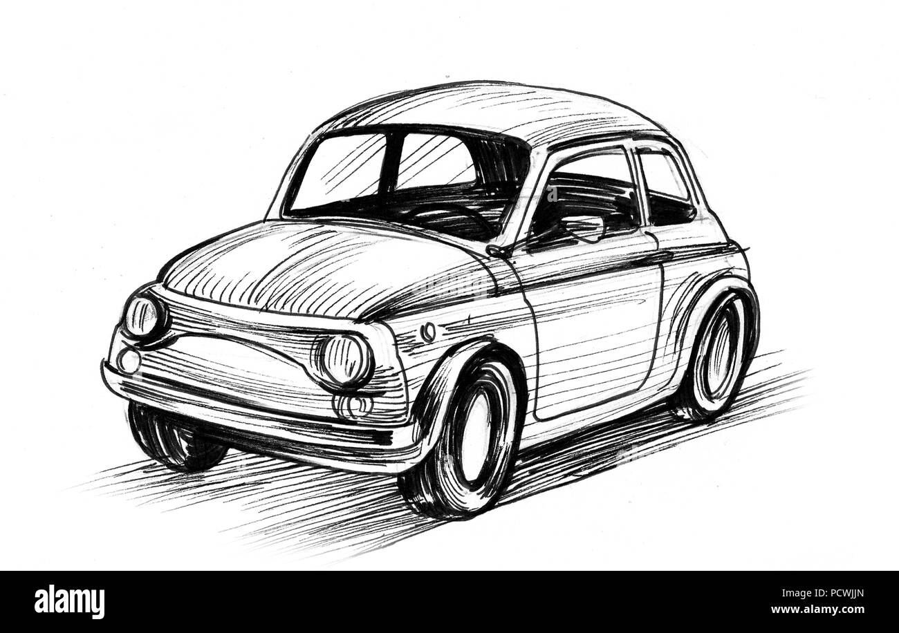 Vintage European car. Ink black and white drawing Stock Photo - Alamy