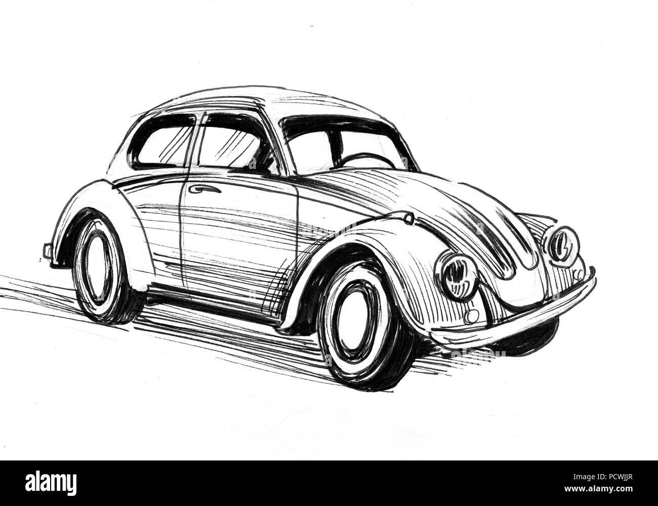 Vintage European car. Ink black and white drawing Stock Photo - Alamy