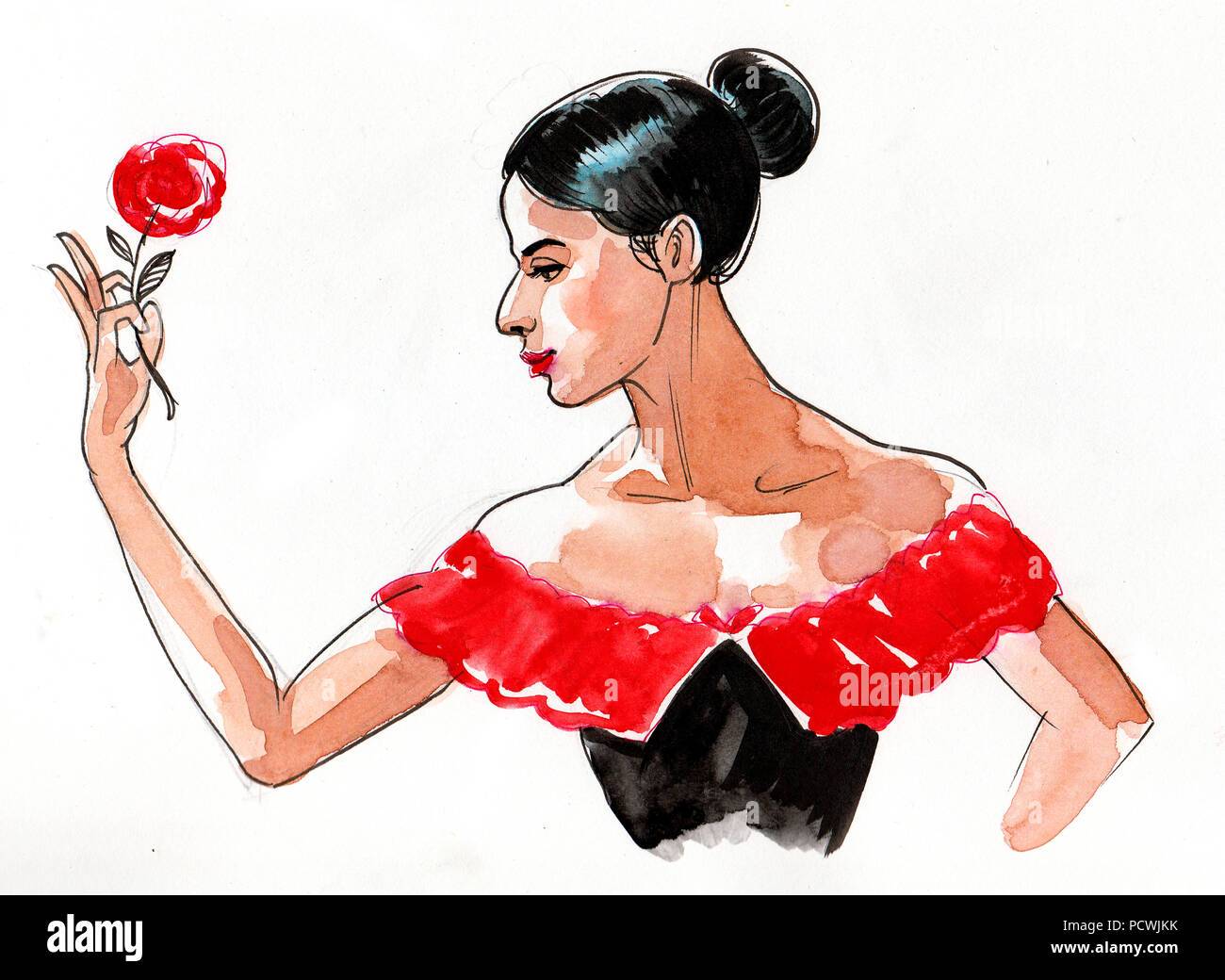 Flamenco dancer with a red rose. Ink and watercolor illustration Stock ...
