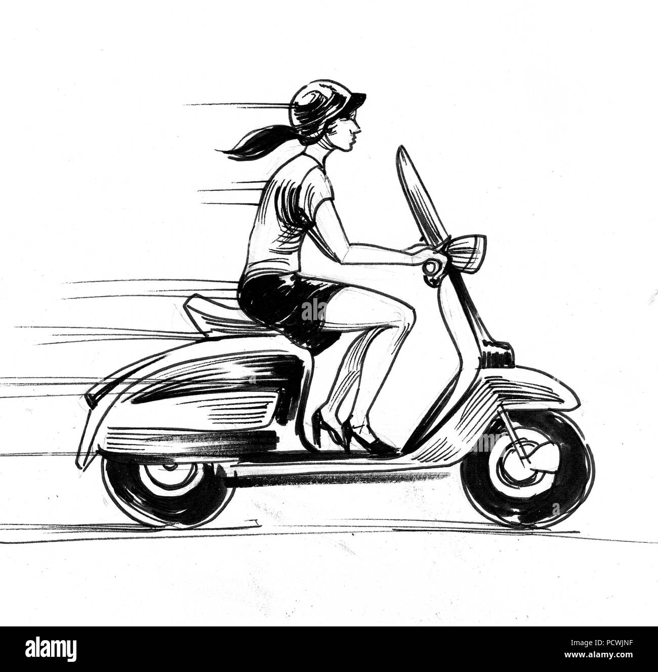 Girl riding a vintage scooter. Ink black and white illustration Stock ...