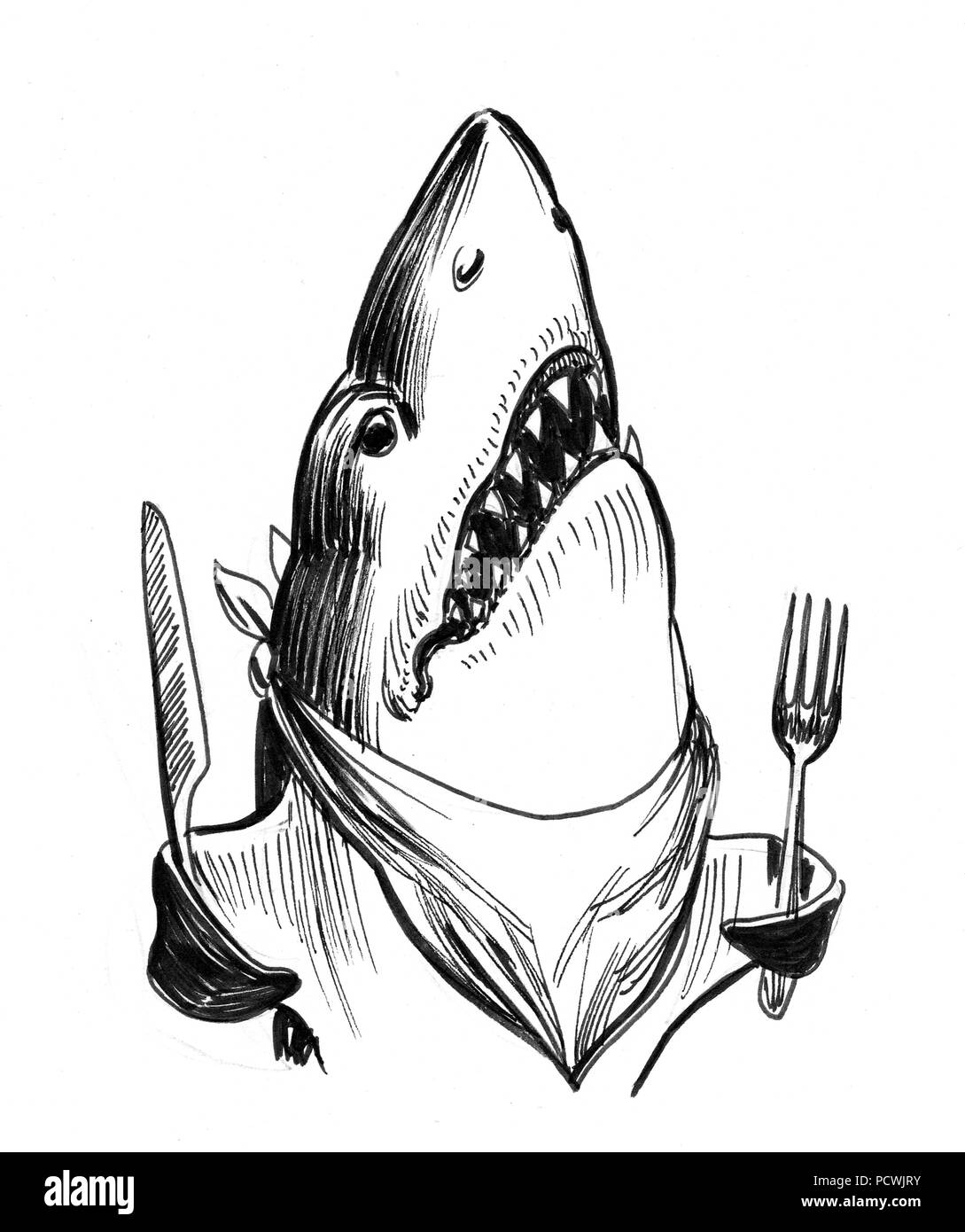 Hungry shark with knife and fork. Ink black and white drawing Stock ...