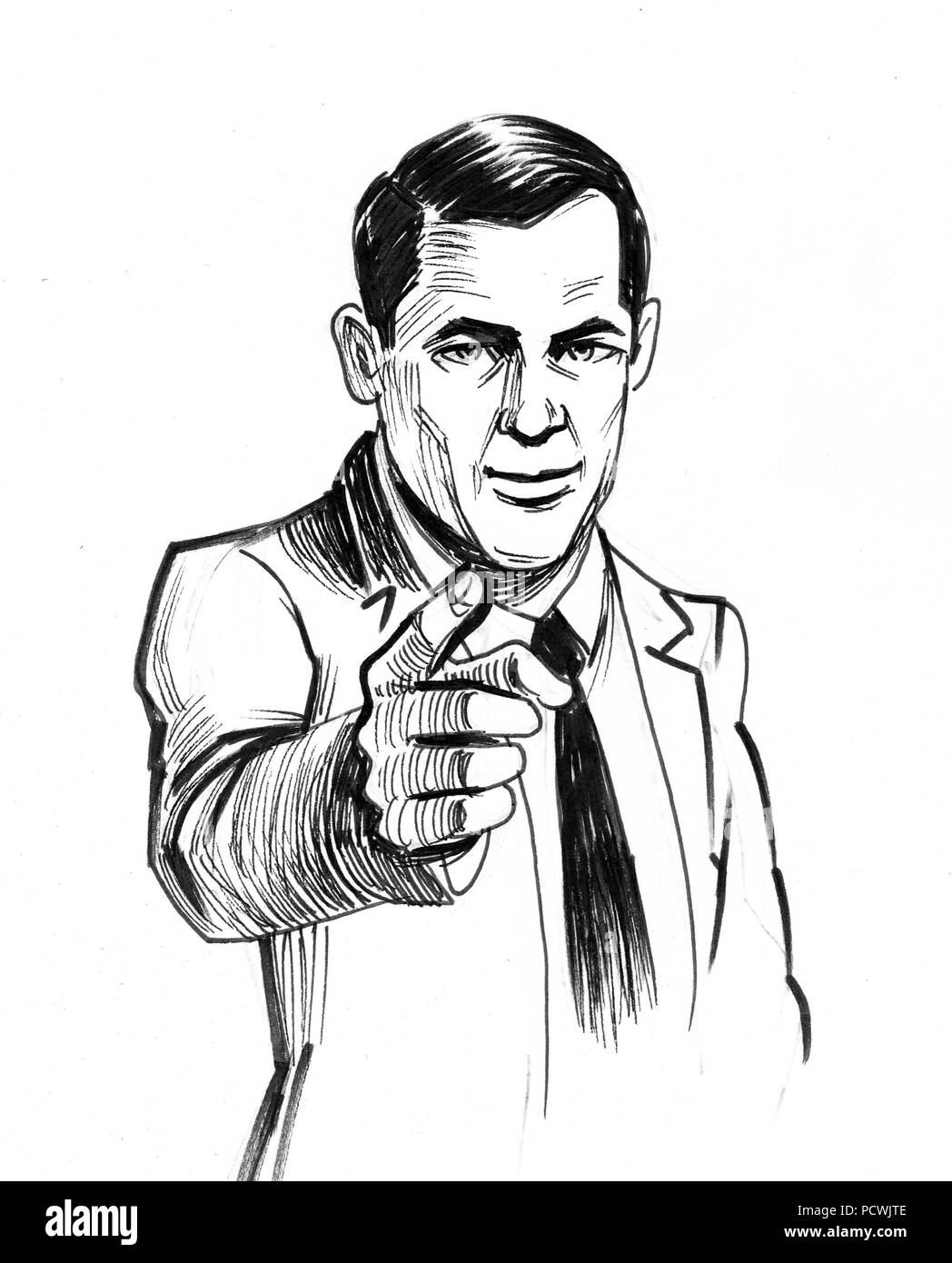 Businessman pointing at viewer. Ink black and white drawing Stock Photo ...