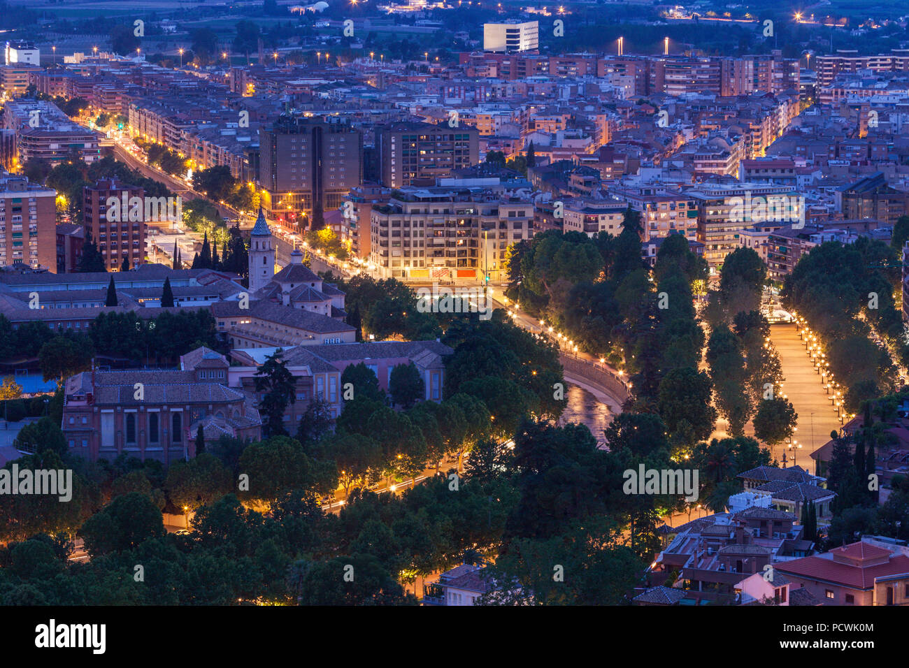 Aerial panorama of Granada at night. Granada, Andalusia, Spain Stock ...
