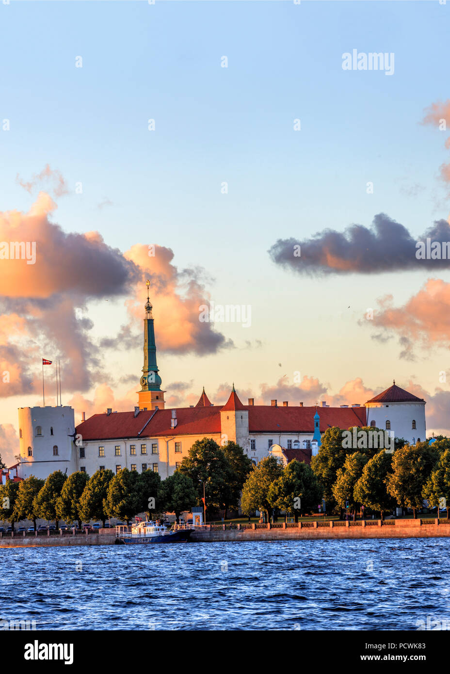 Riga Old Town during sunset time. Panoramic montage from 30 images ...