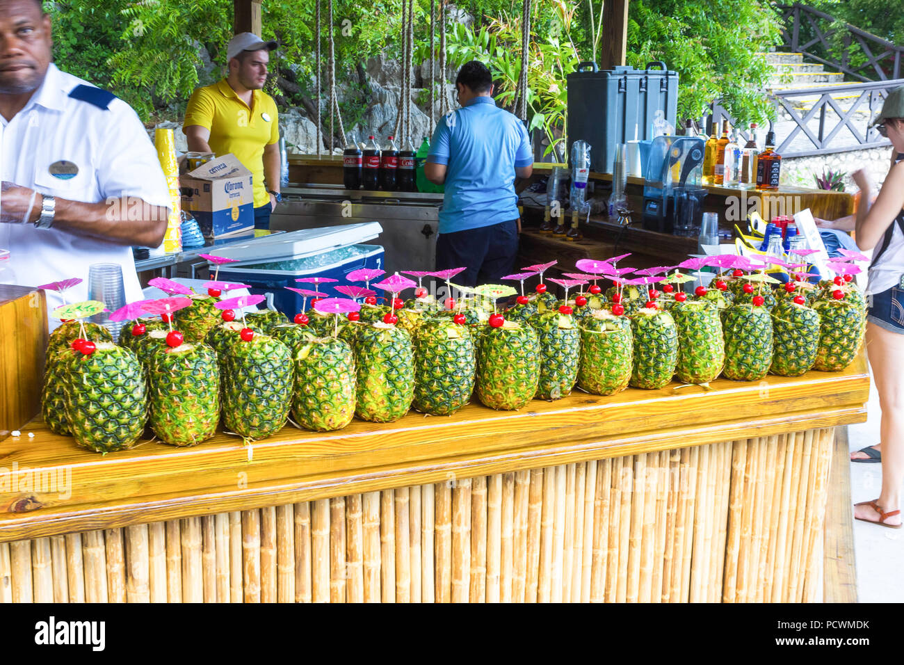 LABADEE, HAITI - MAY 01, 2018: The cocktails in pineapple on the bar at ...