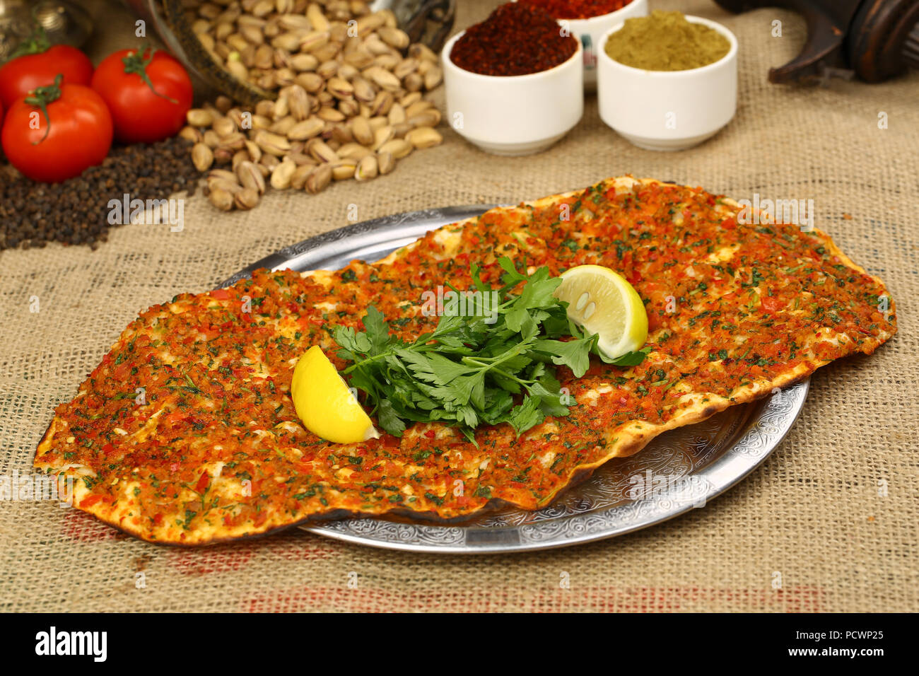 Turkish flatbread lahmacun with minced meat hi-res stock photography ...