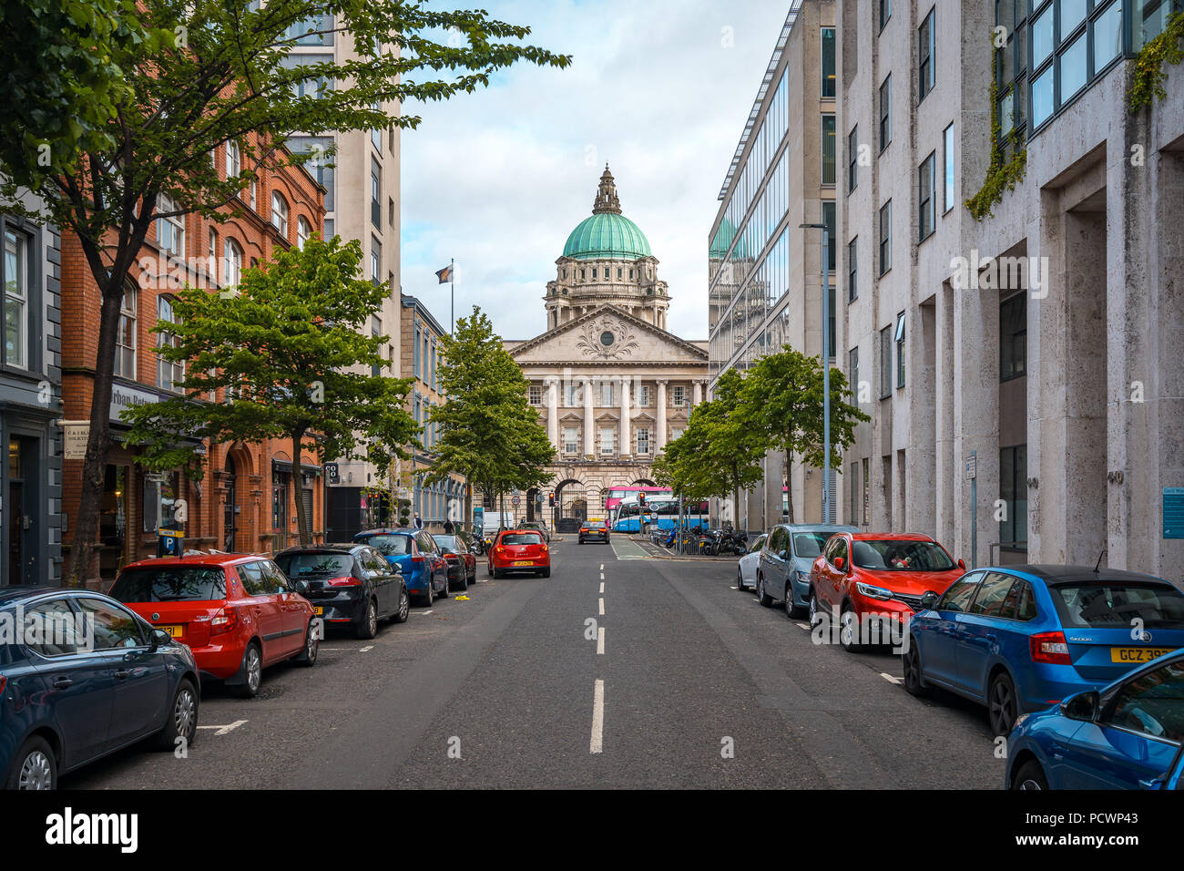 Belfast, Northern Ireland - City street leading to a city hall Stock ...