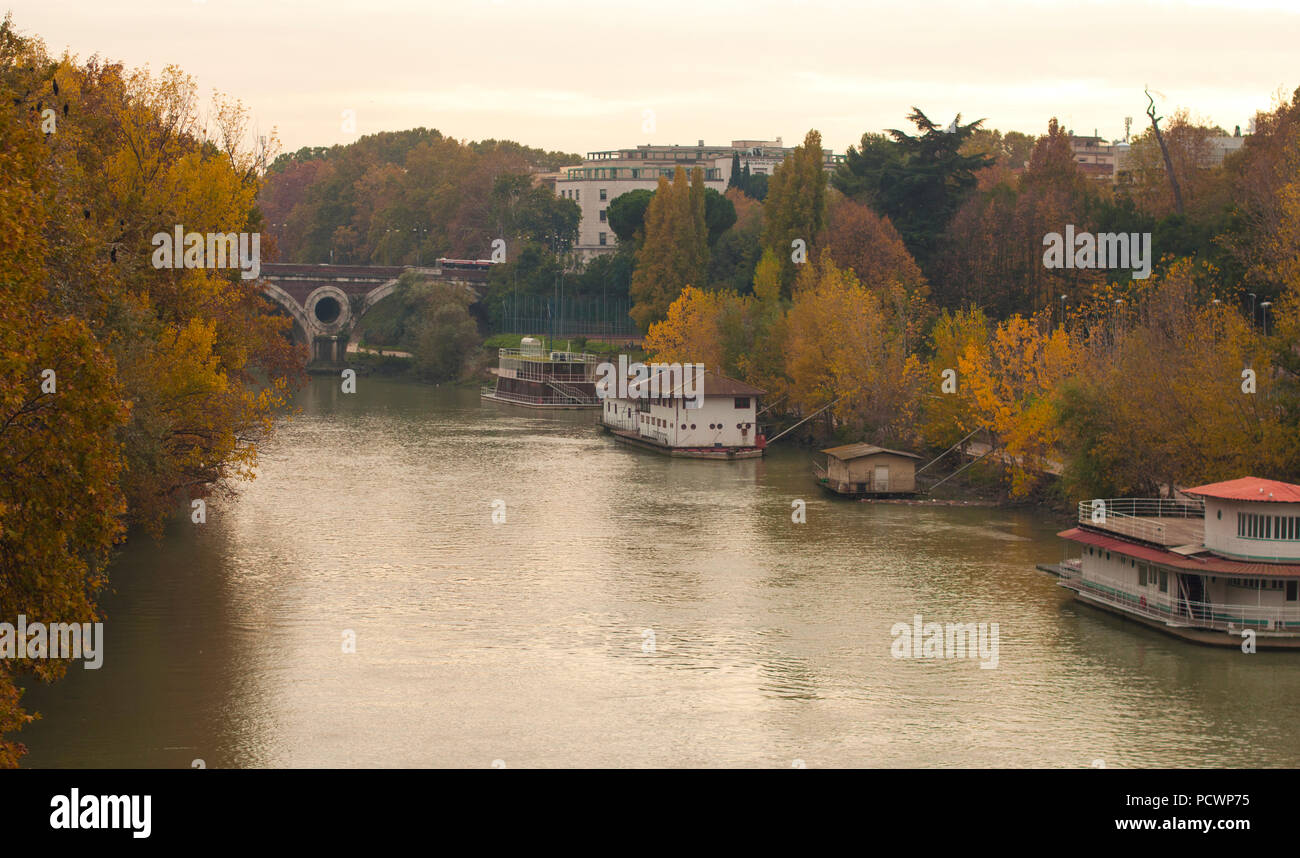 river in autumn. barge on the river. Autumn in the city. Rome. italian ...