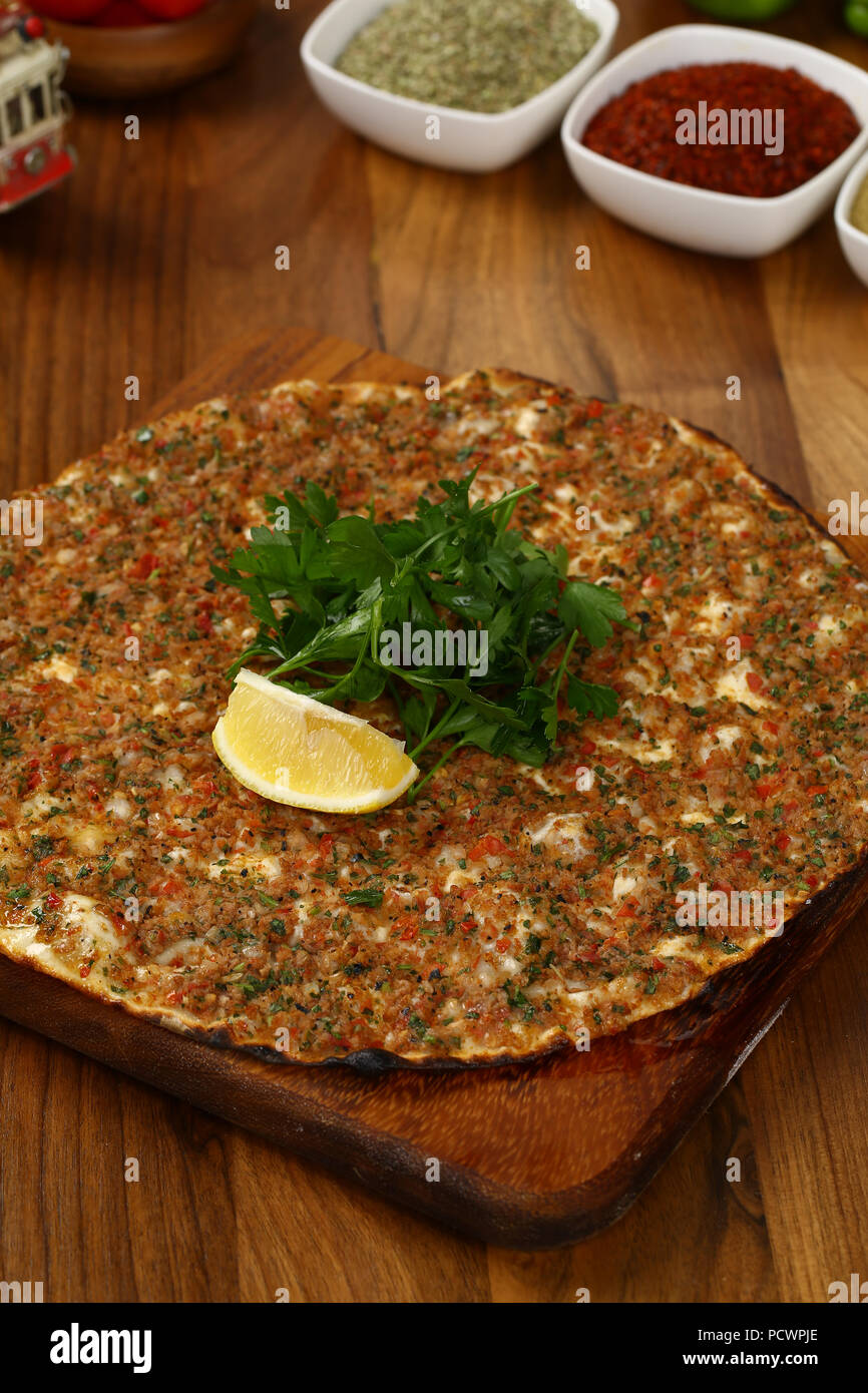 Turkish flatbread lahmacun with minced meat hi-res stock photography ...
