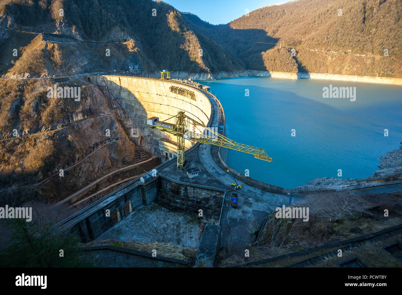 The Enguri hydroelectric power station HES. The Jvari Reservoir next to ...