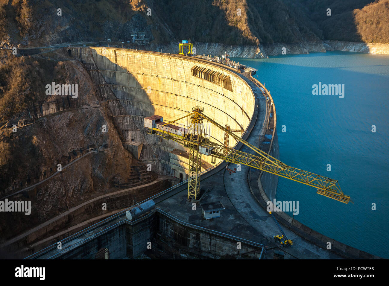 The Enguri hydroelectric power station HES. The Jvari Reservoir next to ...