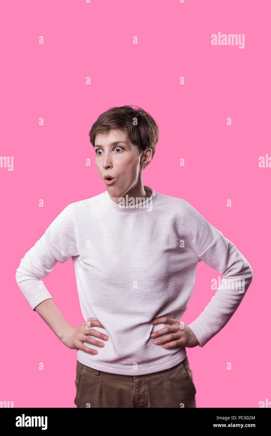 Wow. Beautiful female half-length front portrait isolated on pink ...