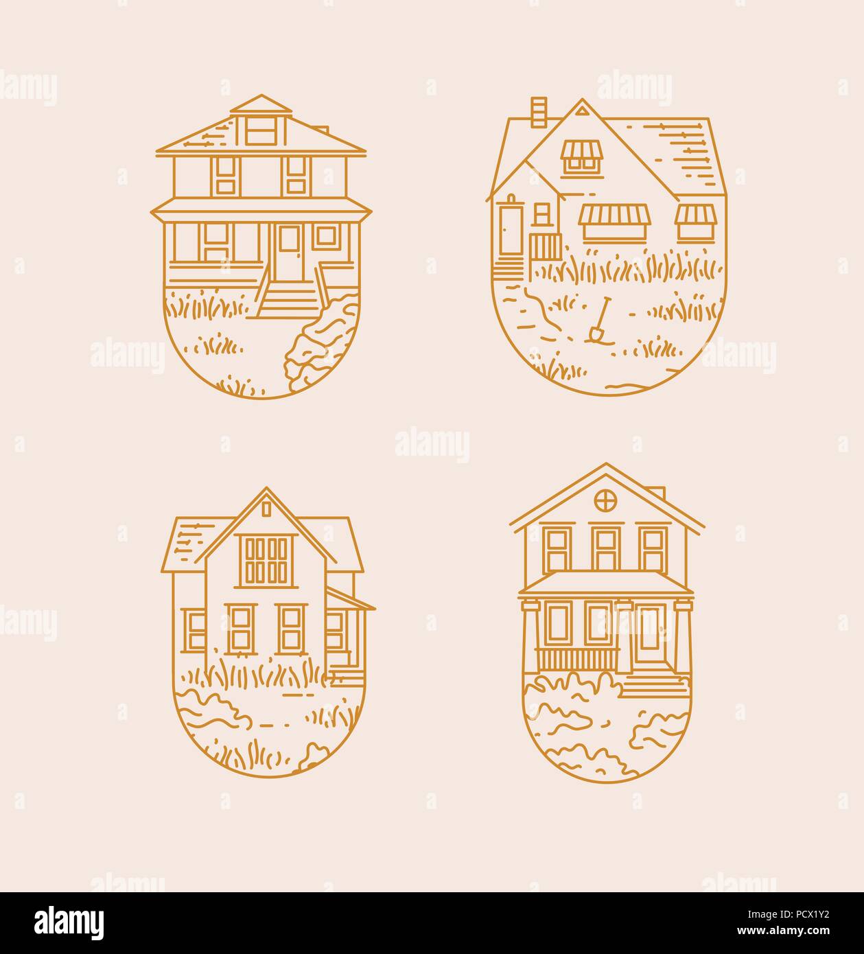 Set of house badges different forms drawing in flat style with gold ...
