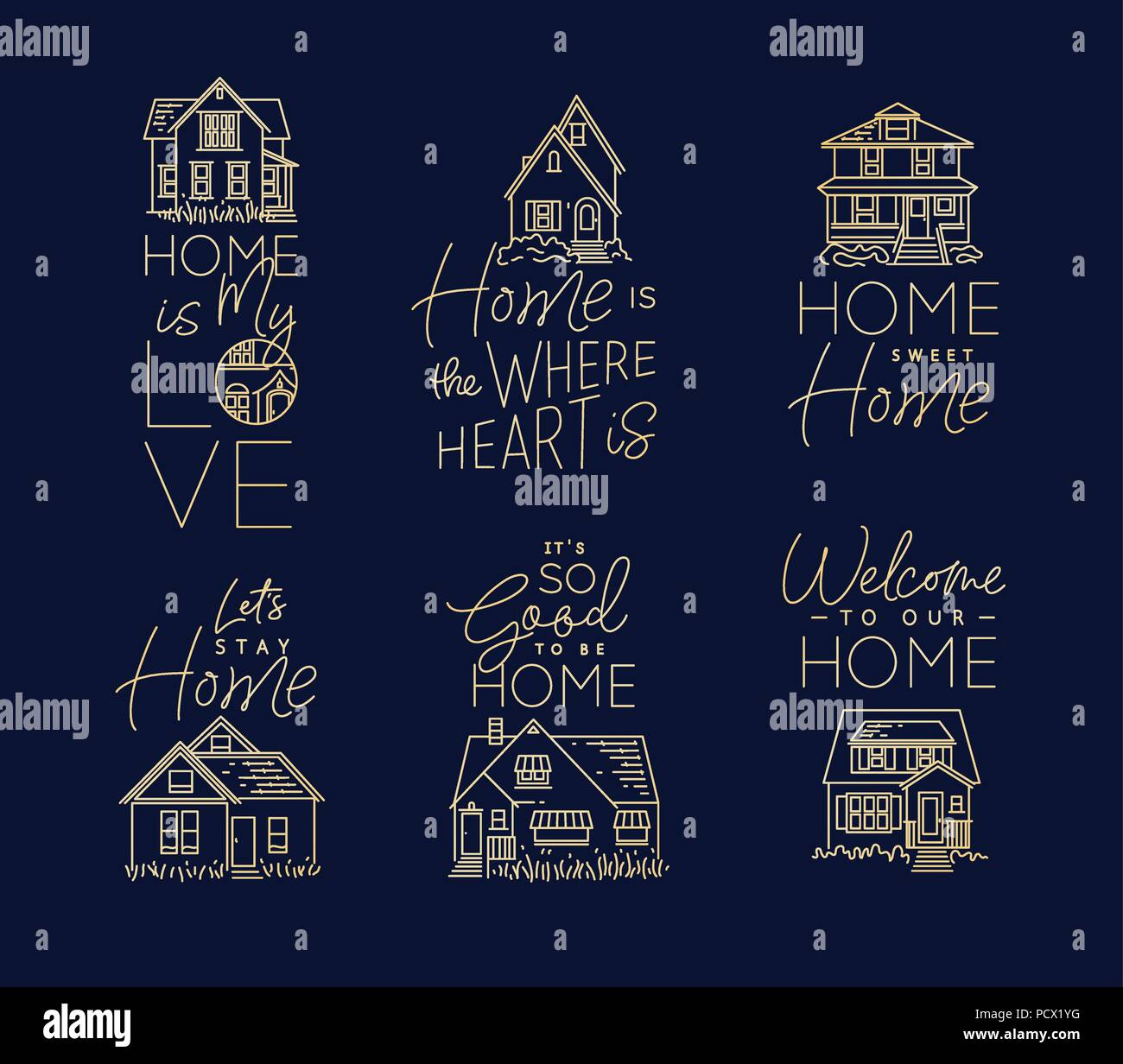 Set of house signs different forms with lettering drawing in flat style ...