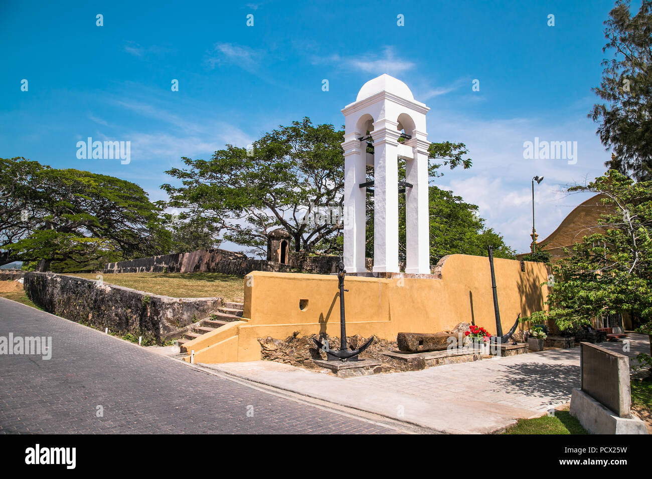 The white bell tower at dutch Galle fort in Sri lanka. Galle is the ...