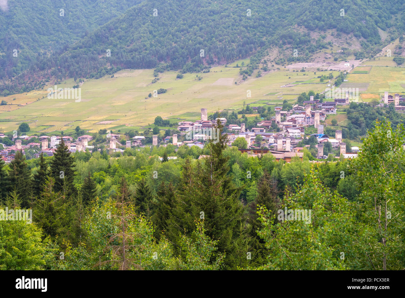 Towers in Mestia village in Svaneti area Caucasus mountains in Georgia ...