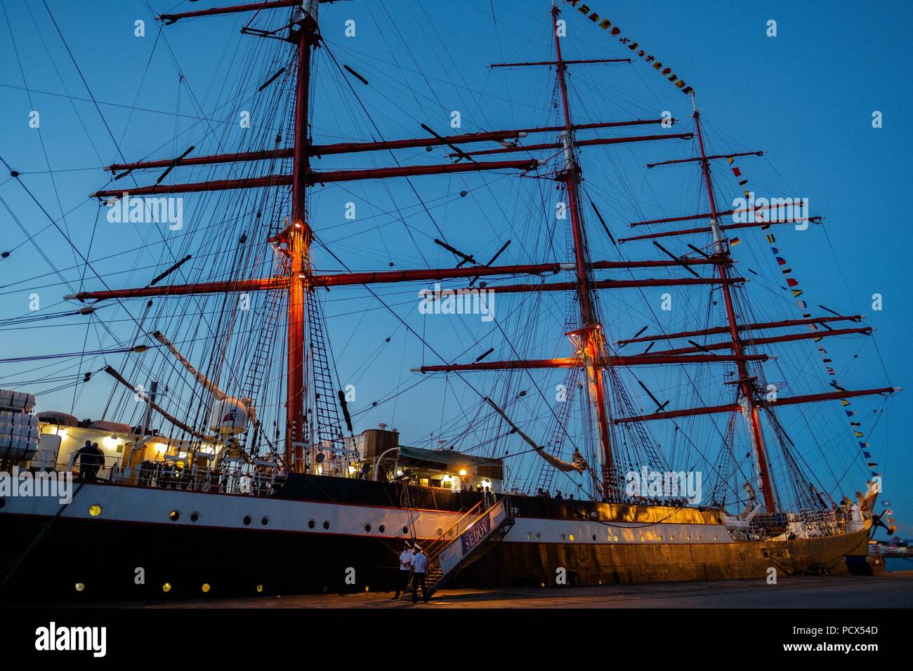 Emden, Germany. 03rd Aug, 2018. The tall ship Sedov is located in Emden ...