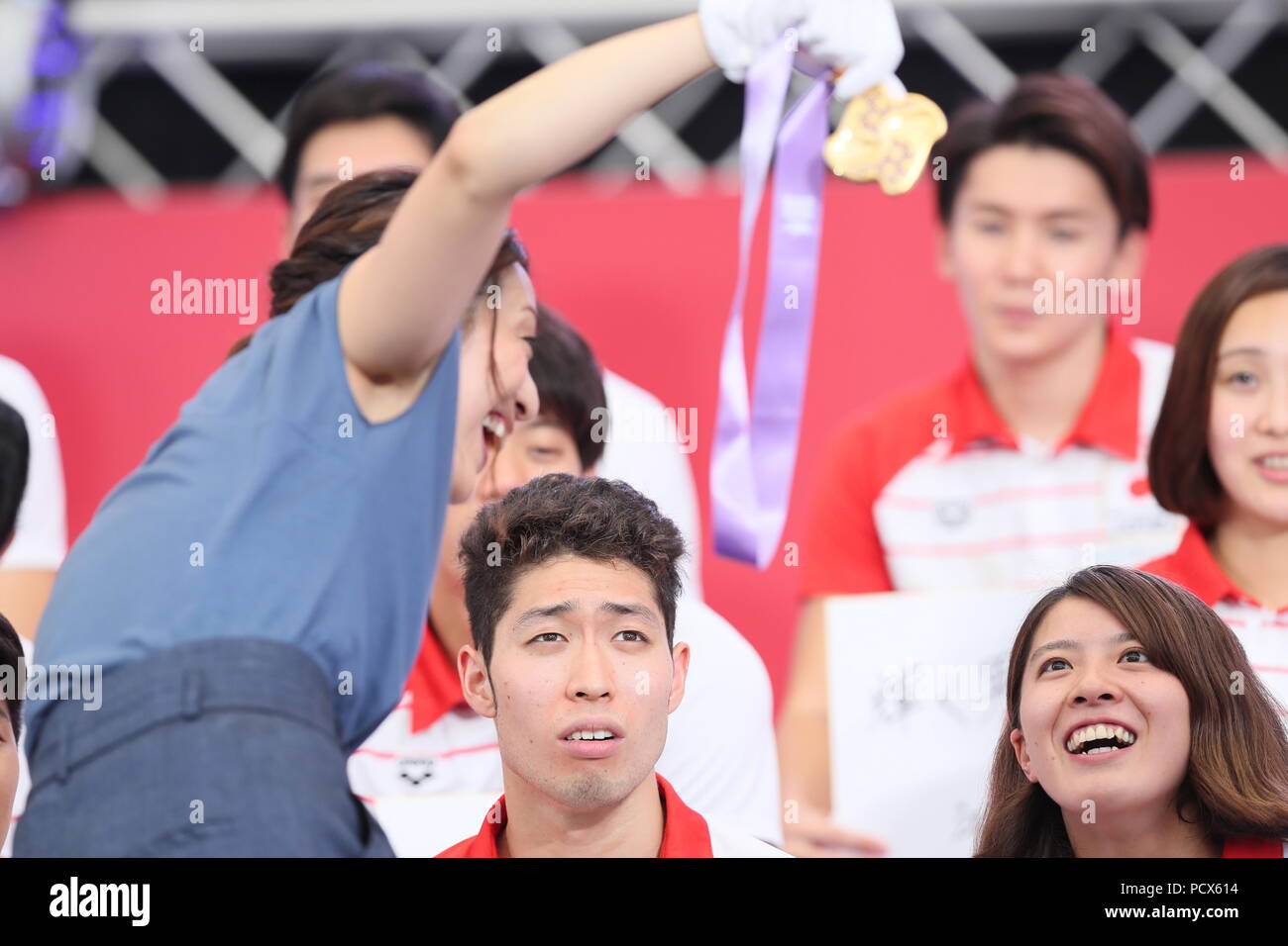 Tokyo, Japan. 4th Aug, 2018. (L-R) Aya Terakawa, Kosuke Hagino, Yui Ohashi (JPN) Swimming ...