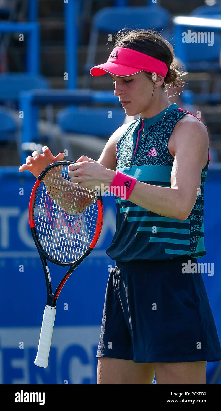 Washington DC, USA. 4 August 2018. Andrea Petkovic examines her racket during a Citi Open tennis ...