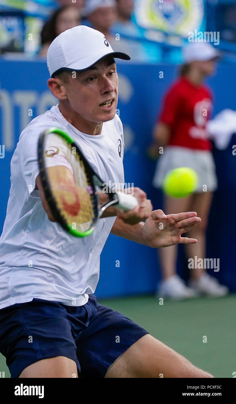 Washington DC, USA. 4 August 2018. Alex De Minaur plays a shot during a ...