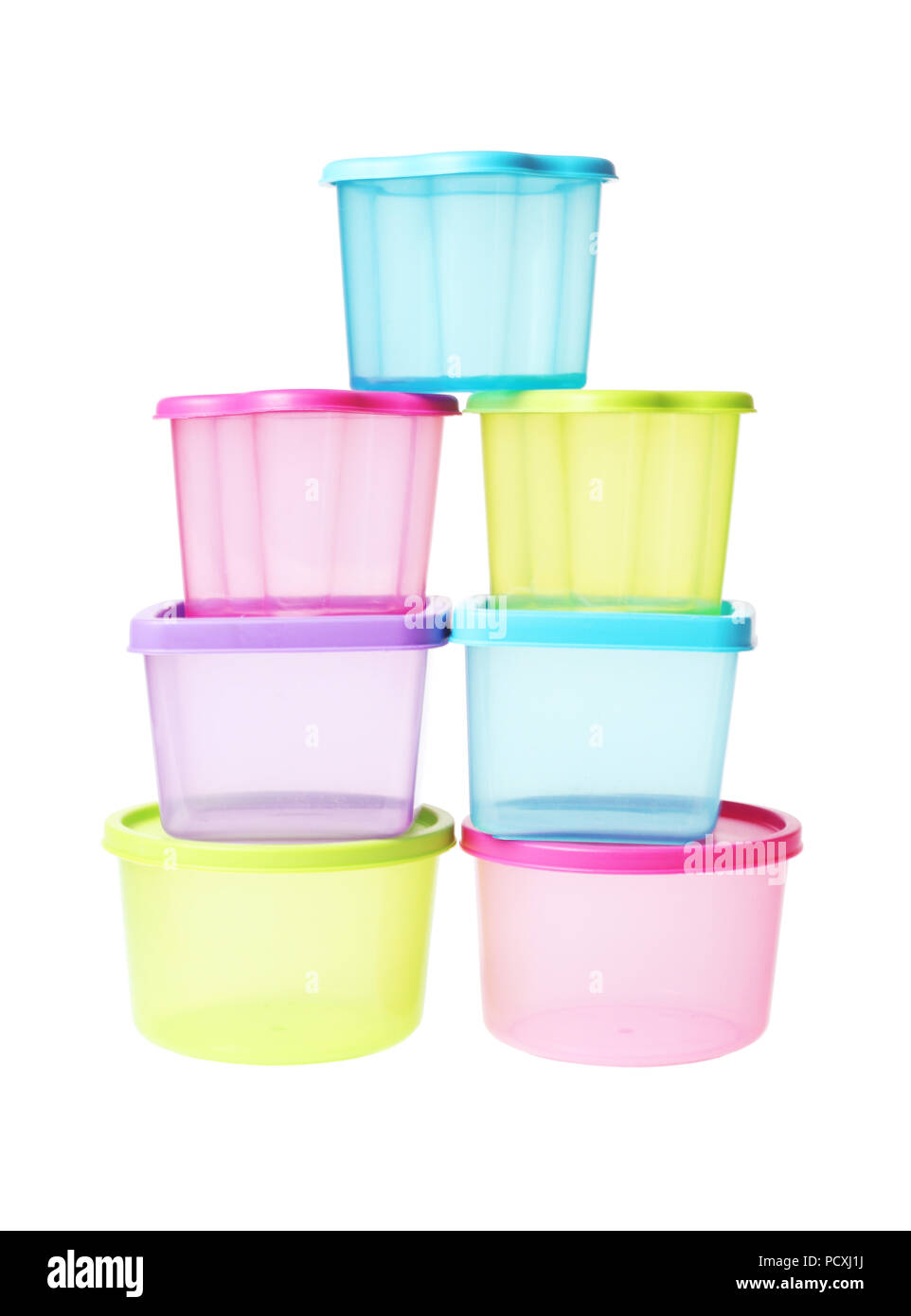 Stack of Colorful Plastic Containers on White Background Stock Photo ...