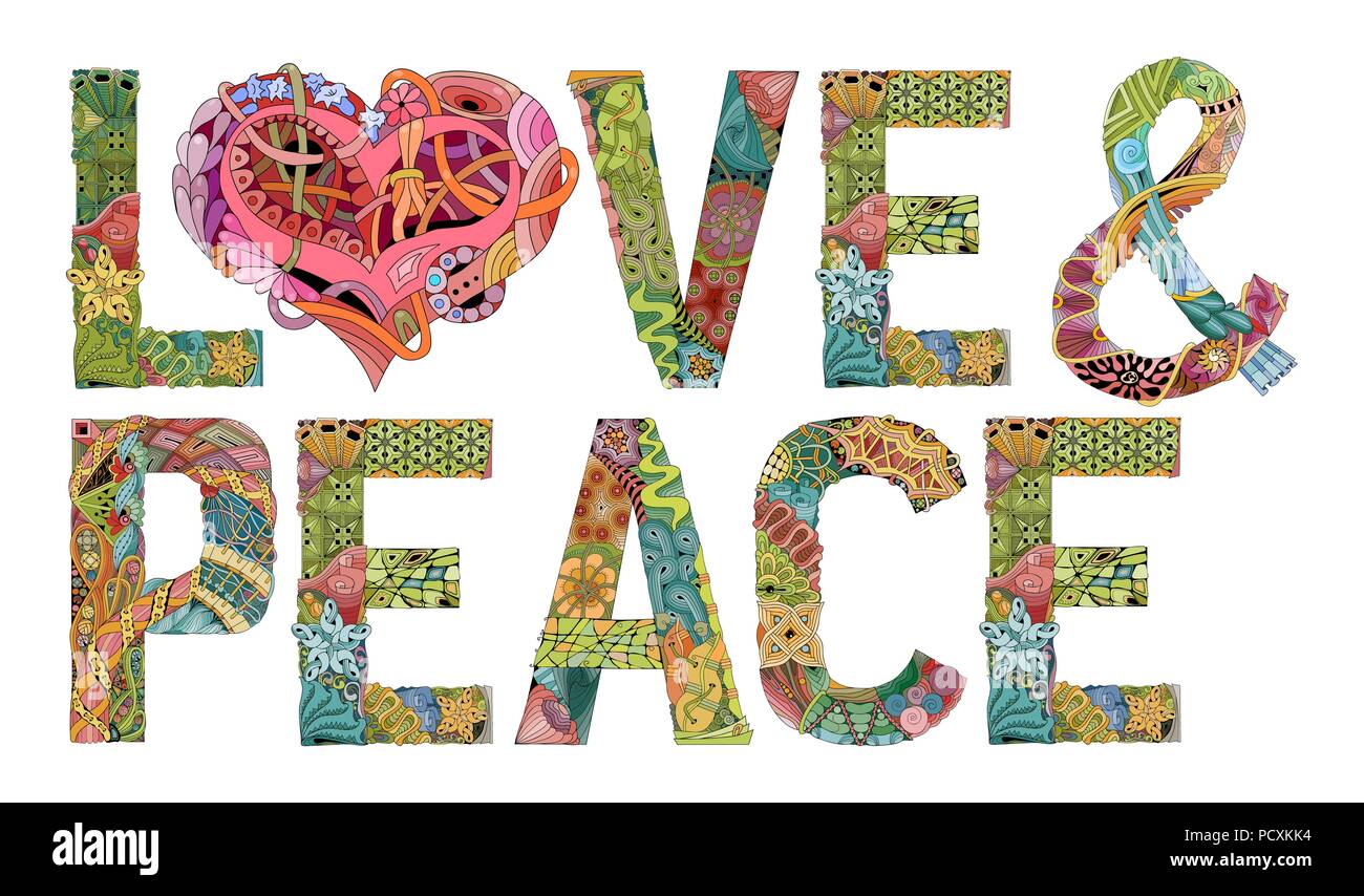 Hand-painted art design. Hand drawn illustration words LOVE and PEACE ...