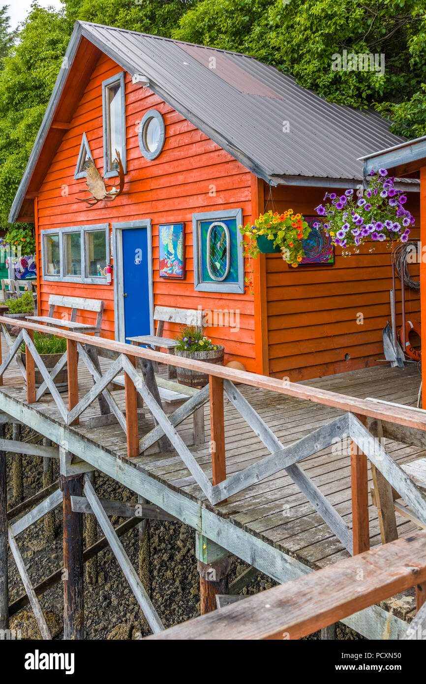 Wooden boardwalk in Halibut Cove on the Kenai Peninsula across Kachemak ...