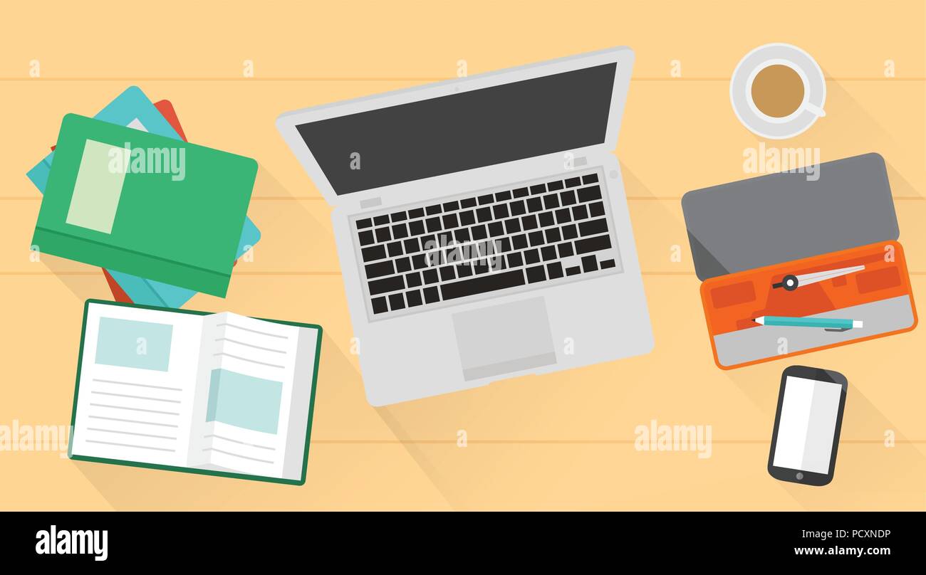 Student desktop with books and laptop Stock Vector Image & Art - Alamy
