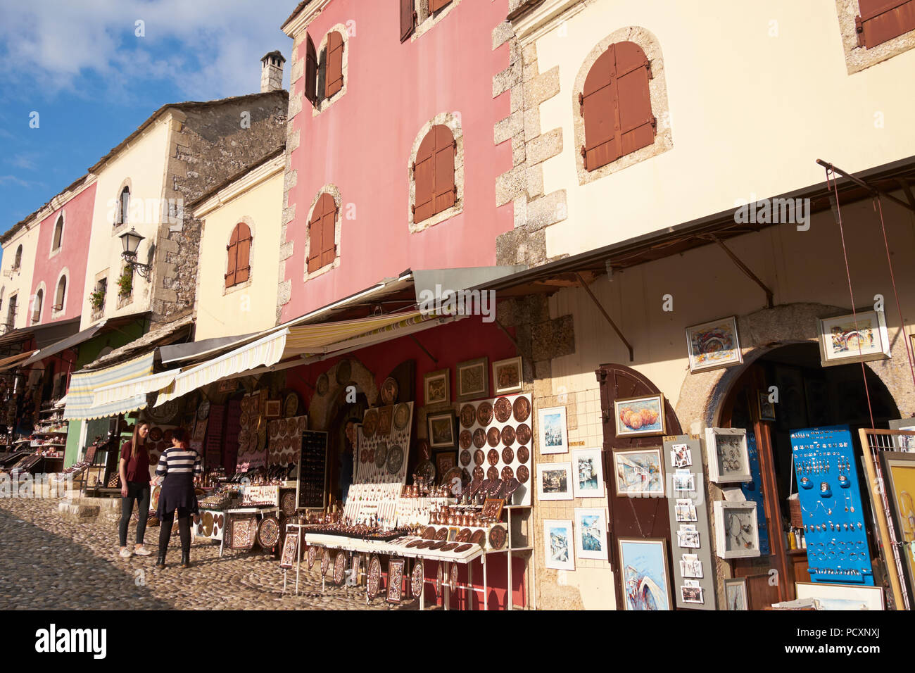 Shops catering for tourists in the medieval quarter of Mostar, Bosnia ...