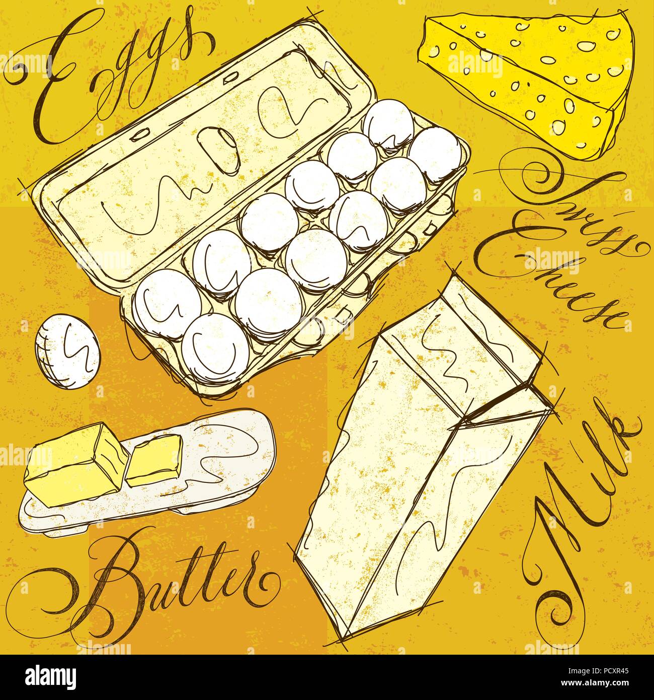 Dairy products with calligraphy Sketches of milk, eggs, butter, and ...