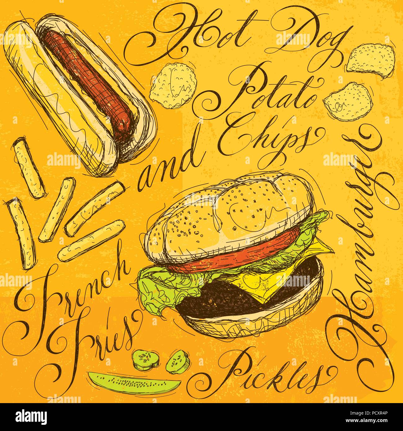 Fast food with calligraphy A cheeseburger, hotdog, french fries, potato ...