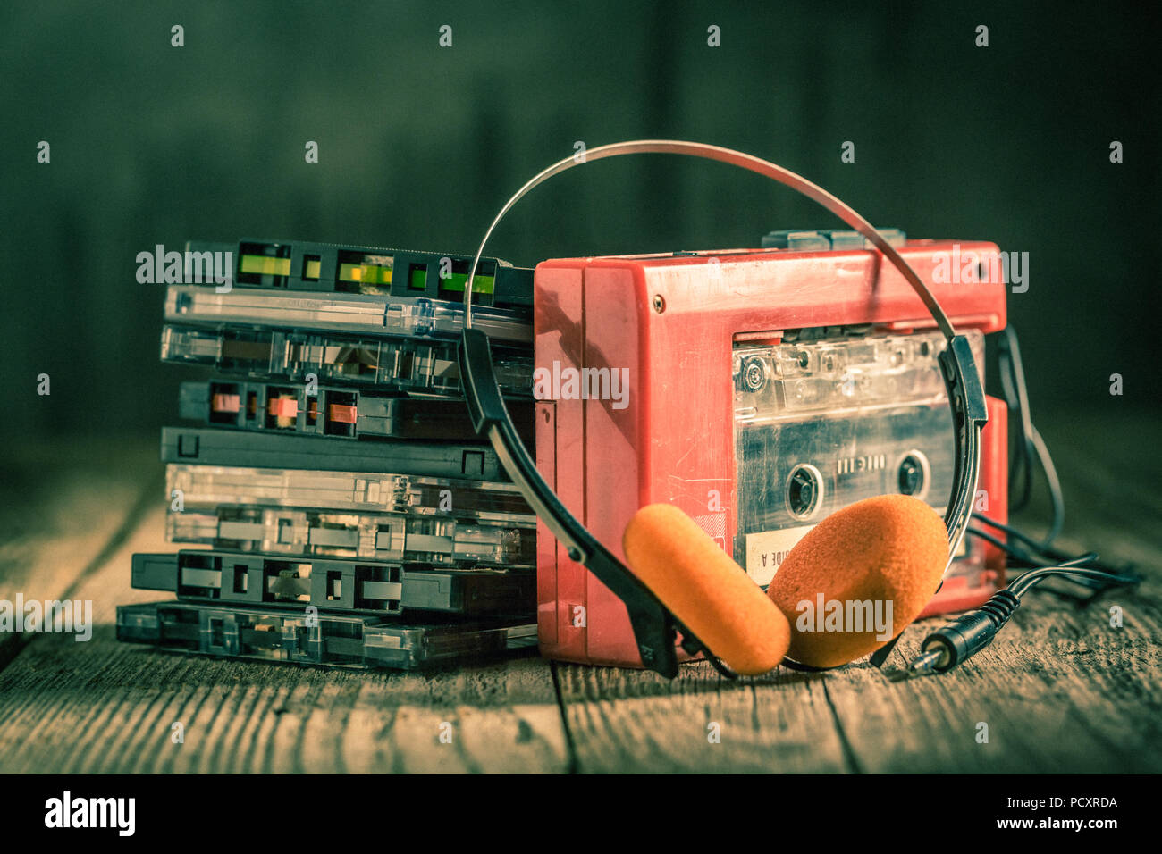 Retro cassette tape with walkman and headphones Stock Photo - Alamy