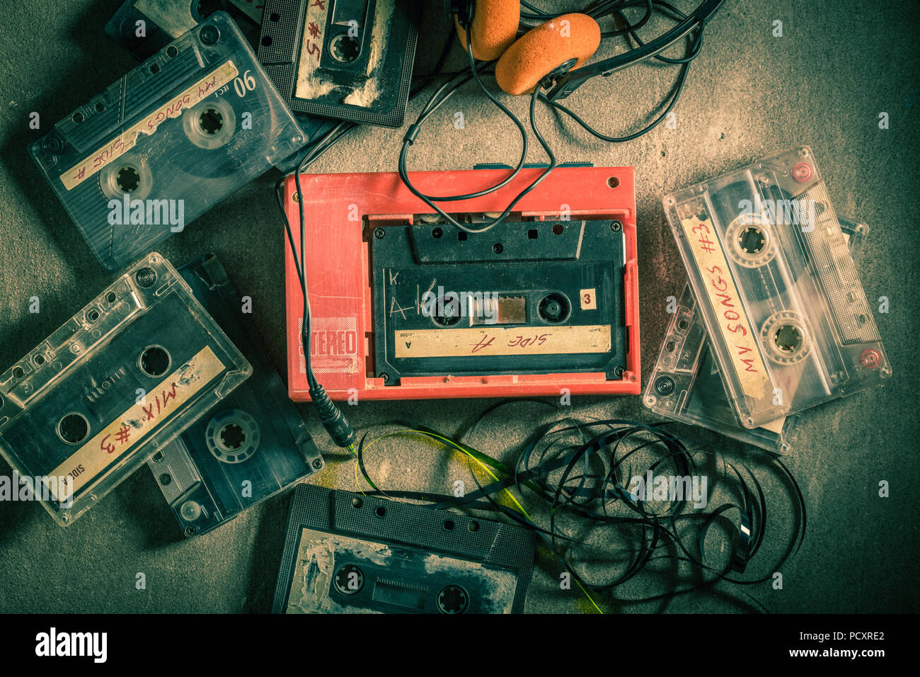Classic audio cassette with walkman and headphones Stock Photo - Alamy