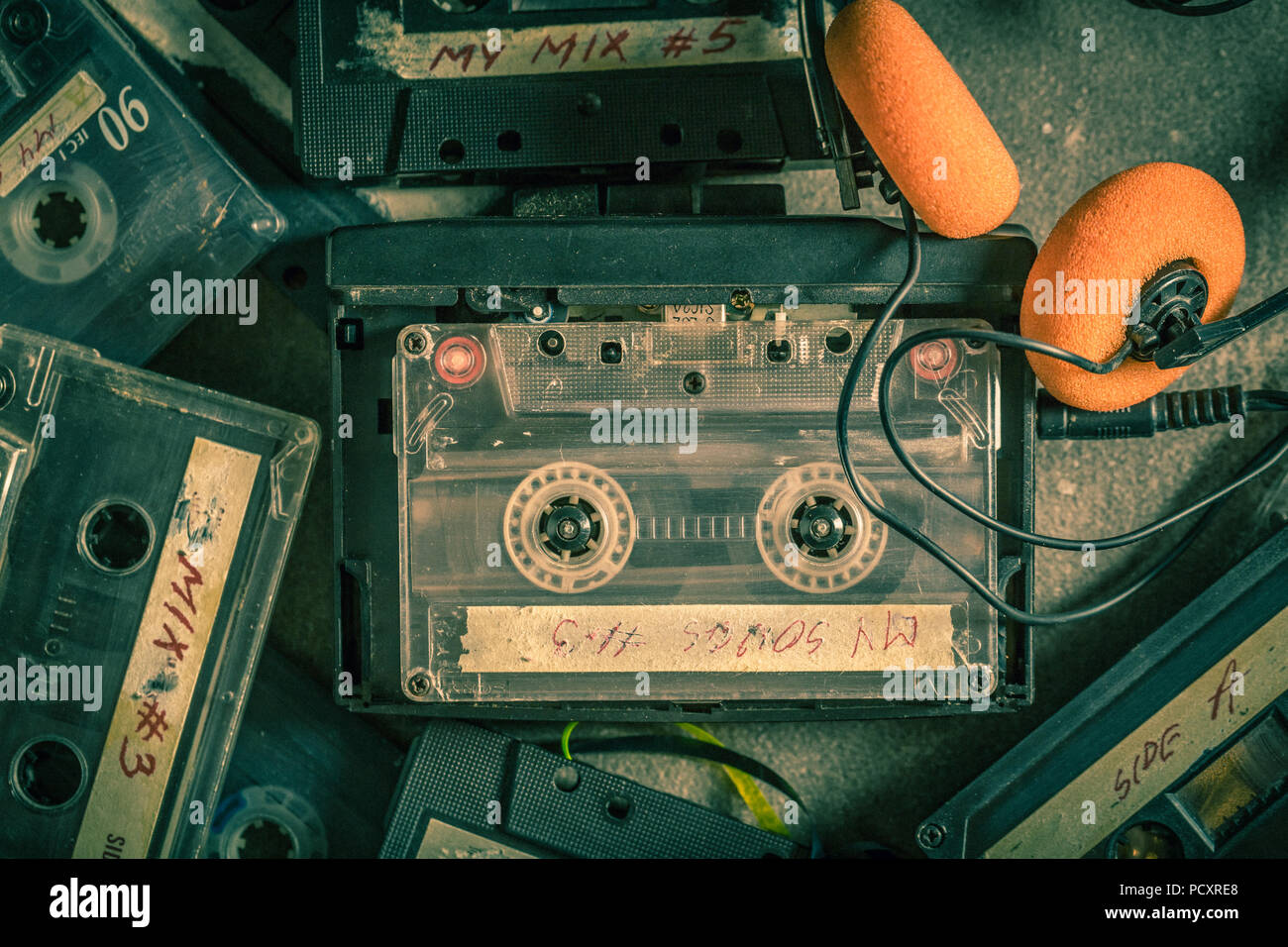 Walkman Tape Wallpaper Top View Of Audio Cassette With Headphones And