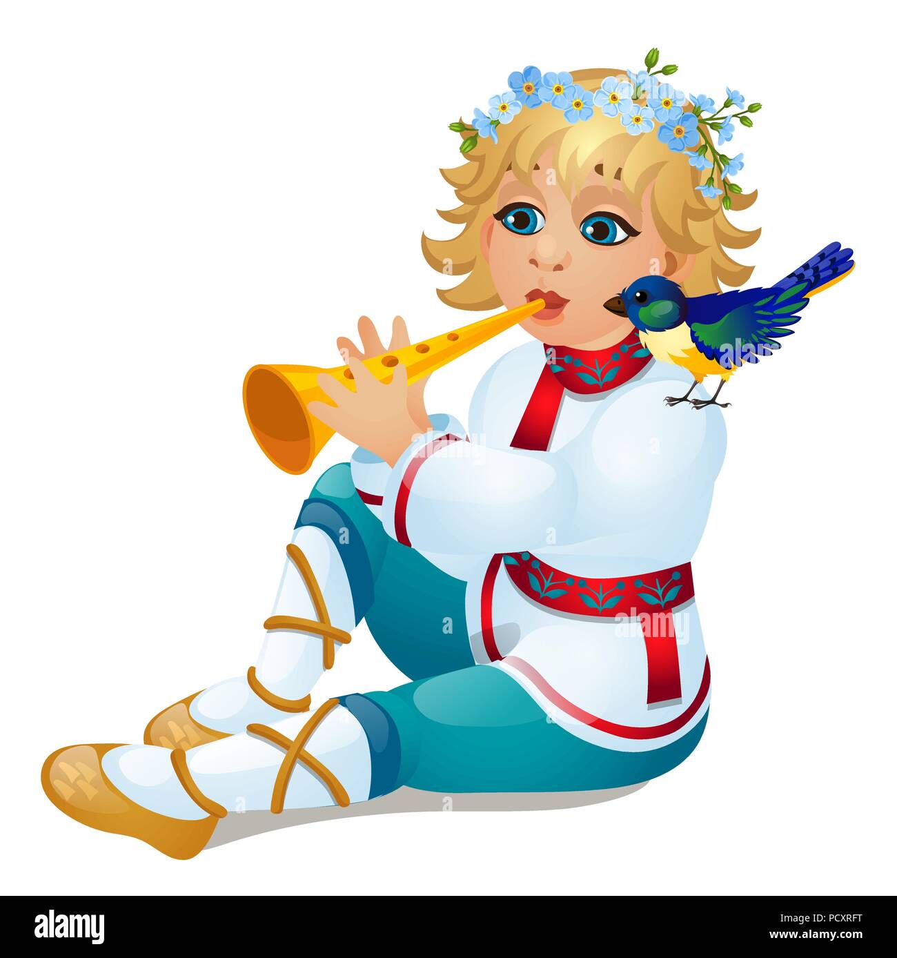 Boy in a traditional Russian costume playing the flute isolated on ...