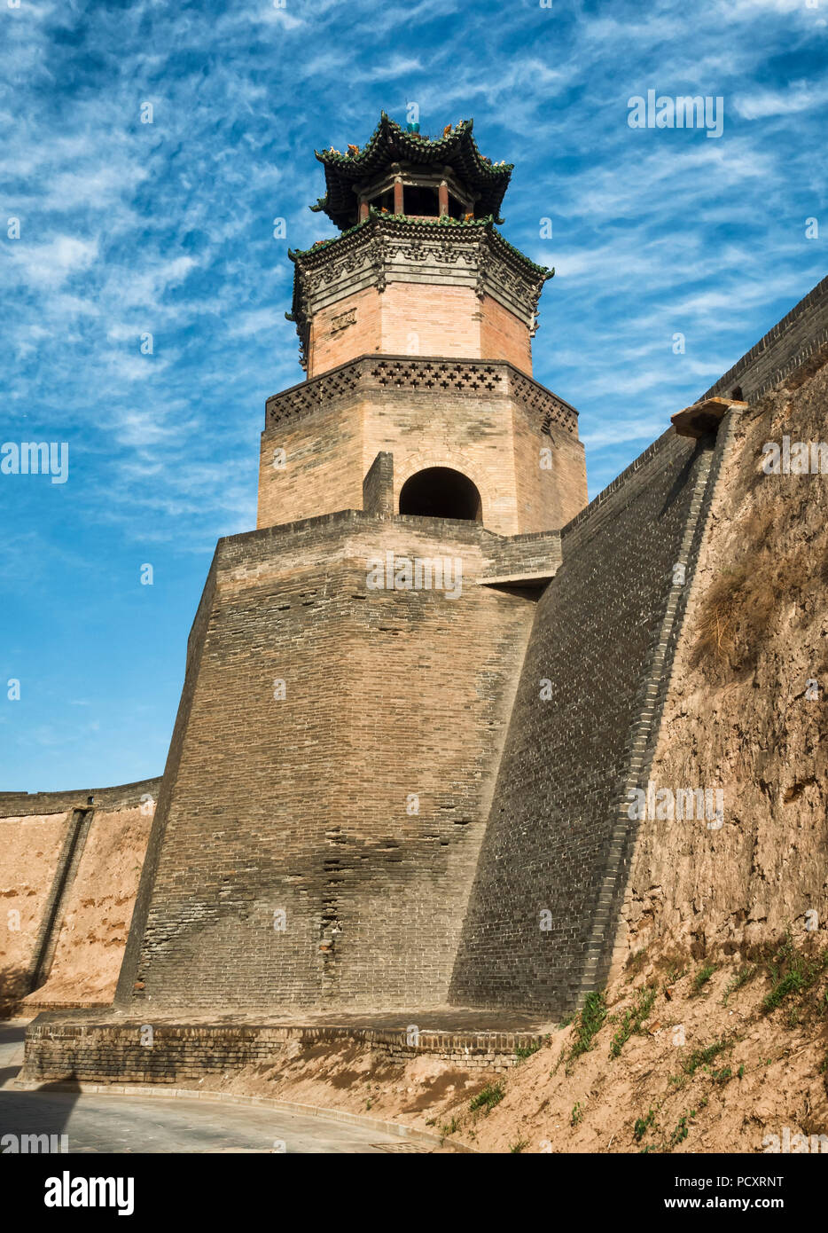 City wall tower fort with blue sky at Pingyao Ancient City, China Stock ...