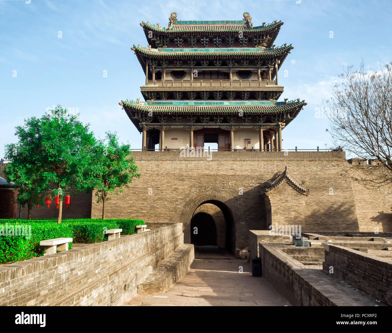City wall tower fort with blue sky at Pingyao Ancient City, China Stock ...