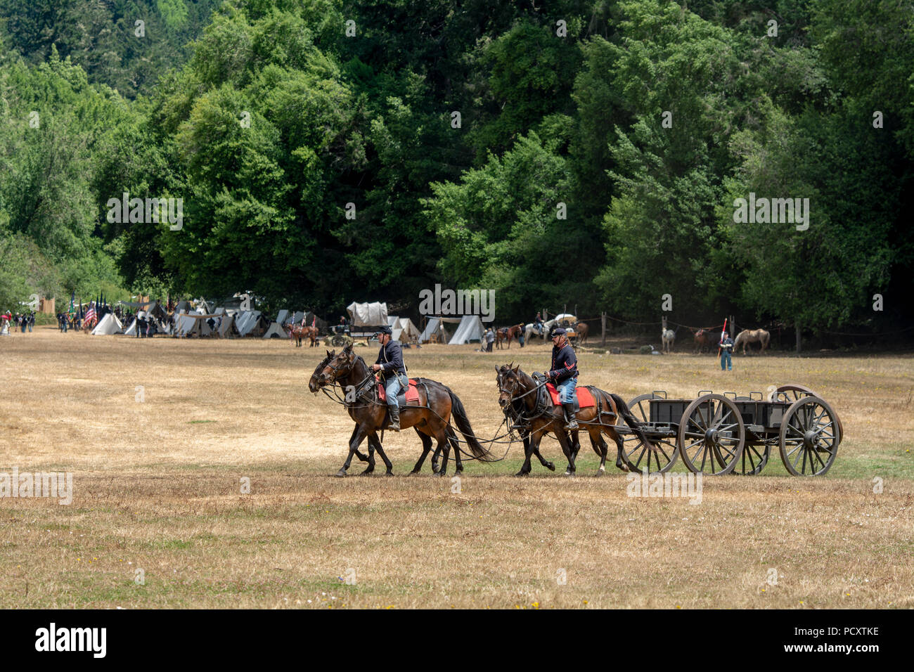 Duncan Mills, CA - July 14, 2018: Union horse wagon with civil war camp ...
