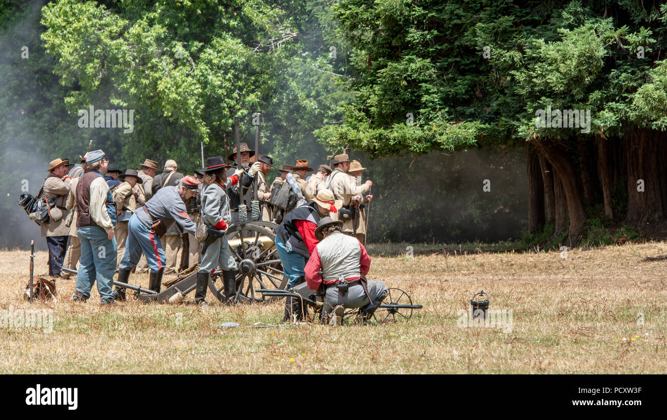 Duncan Mills, CA - July 14, 2018: Confederate army reenactors preparing ...