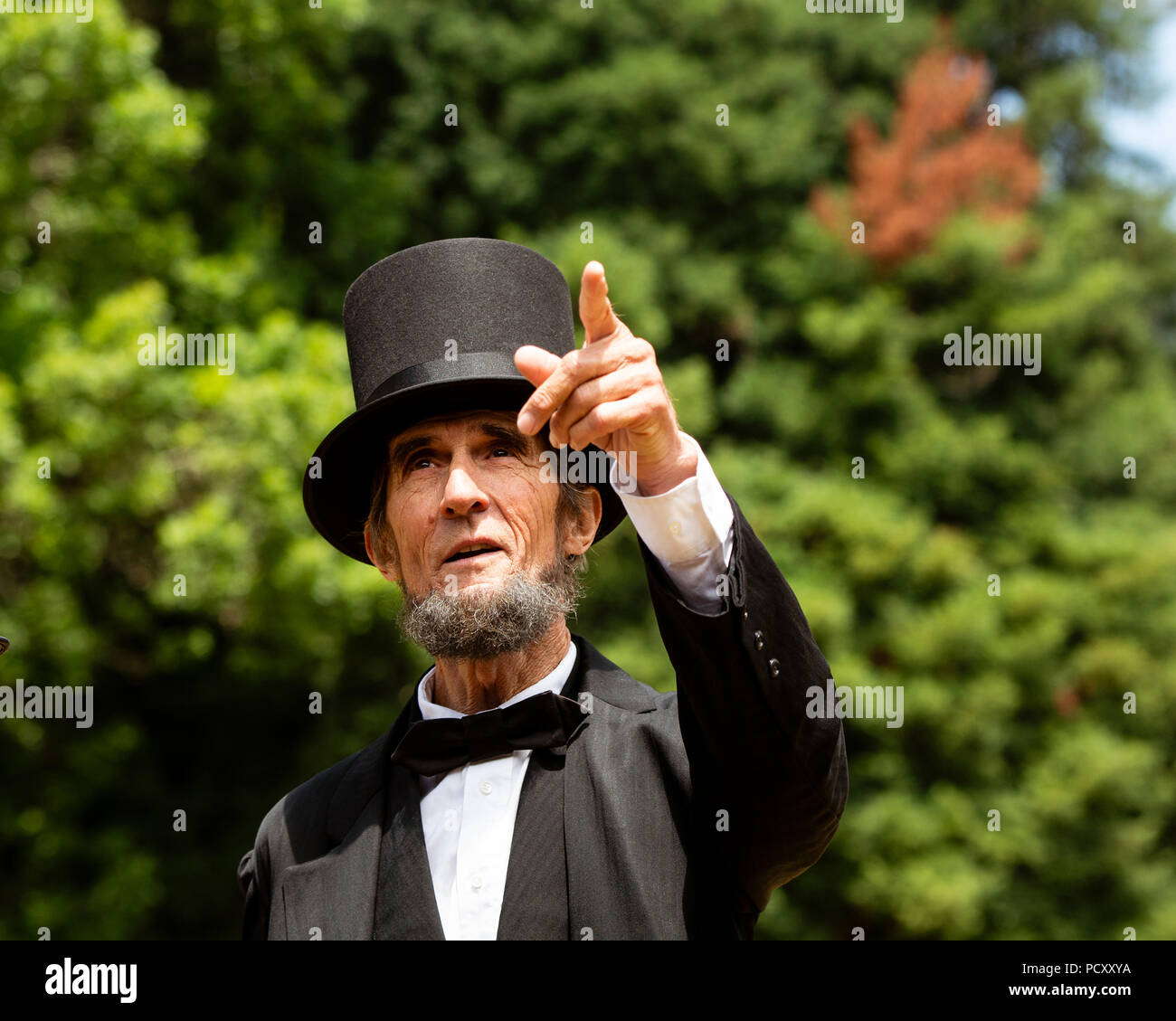 Duncan Mills, CA - July 14, 2018: Professional reenactor Robert Broski ...