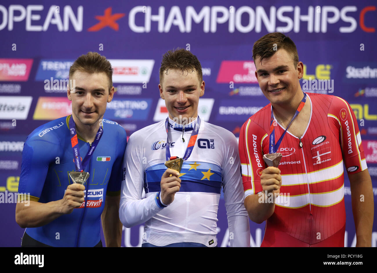 Italy's Elia Viviani (silver) Great Britain's Ethan Hayter (gold) and ...
