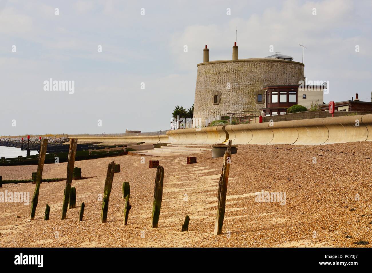 Martello Tower on the sea wall at Felixstowe Ferry, Suffolk. August ...