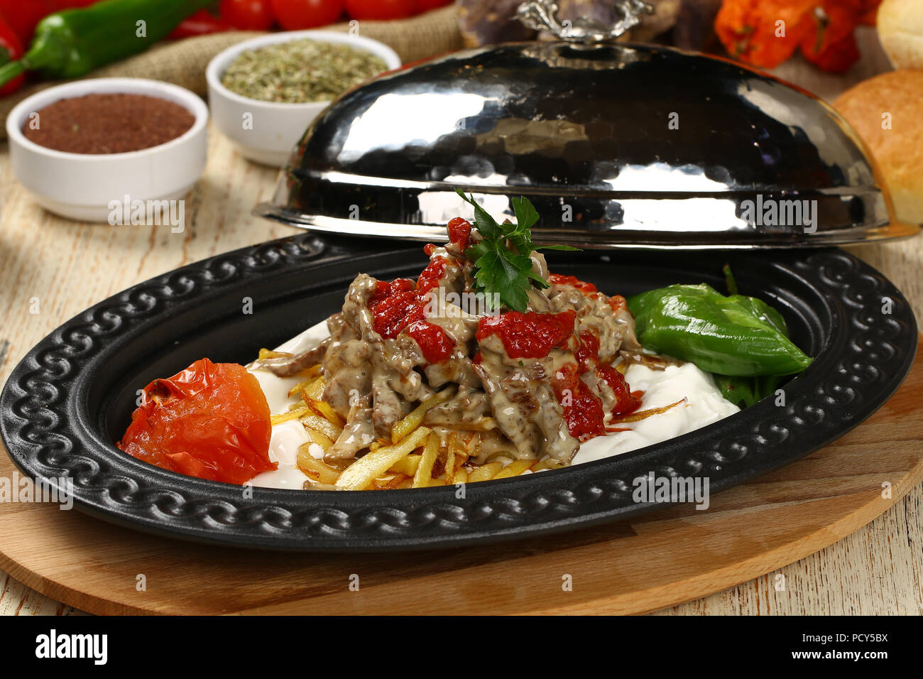 Turkish Meat Kebab served in an anatolian plate Stock Photo - Alamy