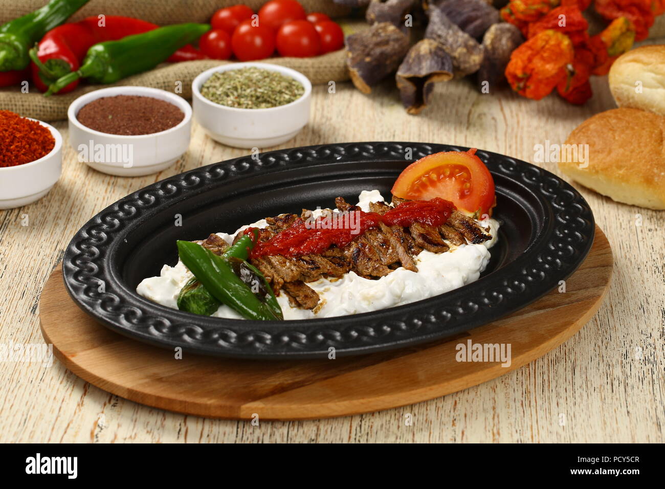 Turkish Meat Kebab served in an anatolian plate Stock Photo - Alamy