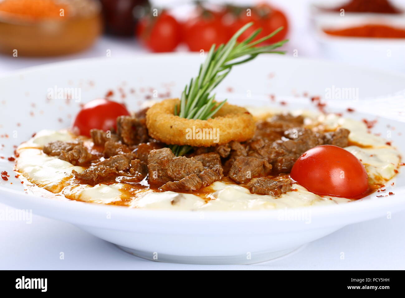 Turkish Meat Kebab served in an anatolian plate Stock Photo - Alamy