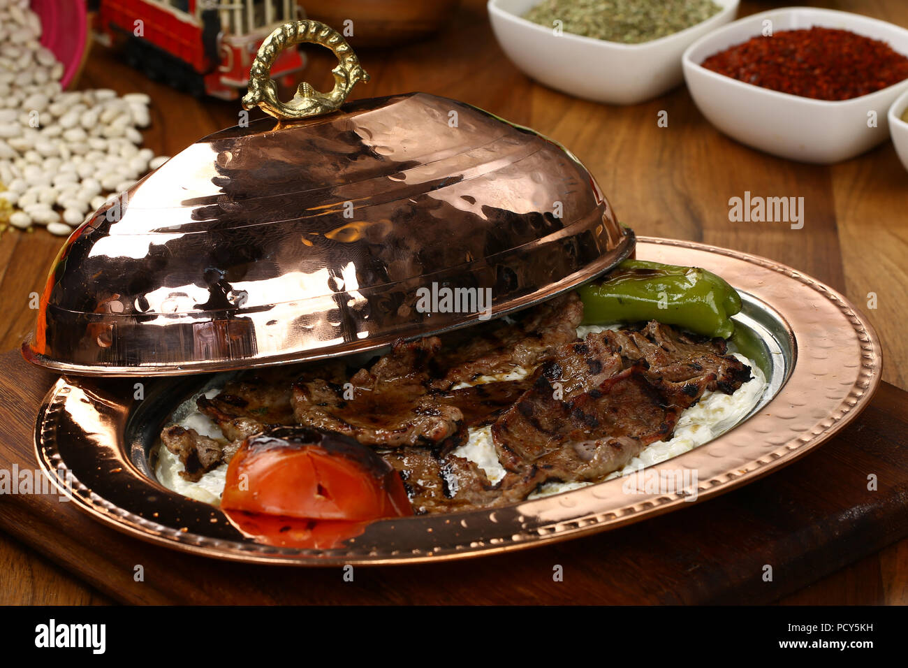 Turkish Meat Kebab served in an anatolian plate Stock Photo - Alamy