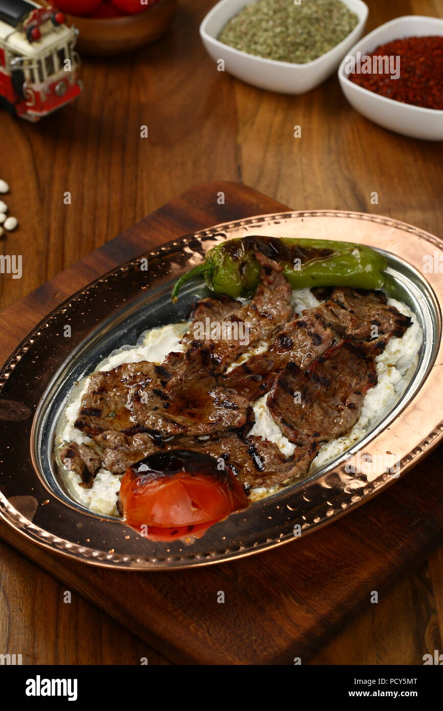 Turkish Meat Kebab served in an anatolian plate Stock Photo - Alamy
