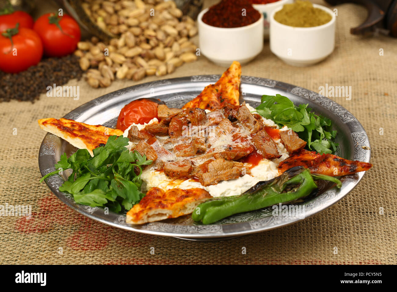 Turkish Meat Kebab served in an anatolian plate Stock Photo - Alamy