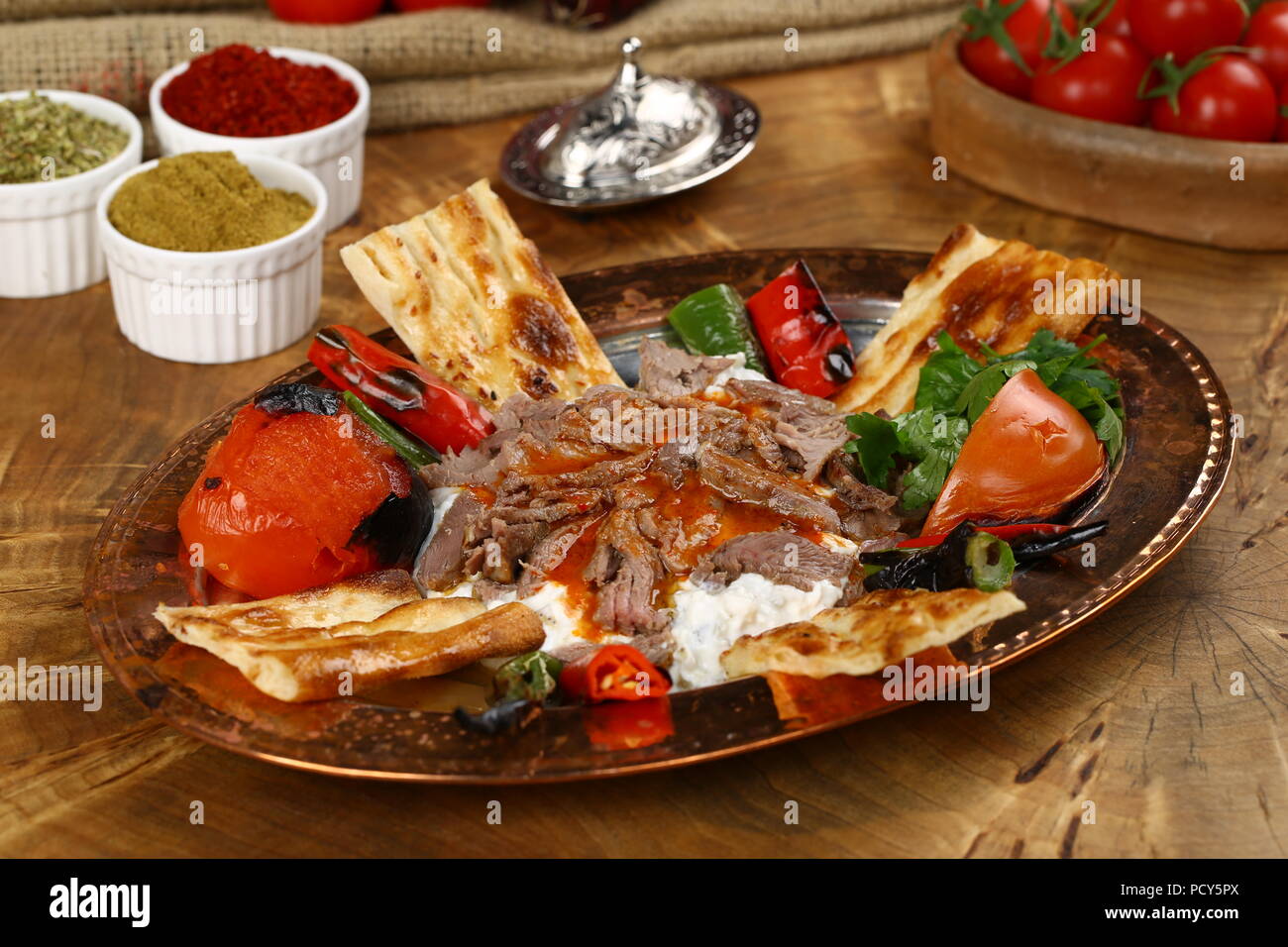 Turkish Meat Kebab served in an anatolian plate Stock Photo - Alamy