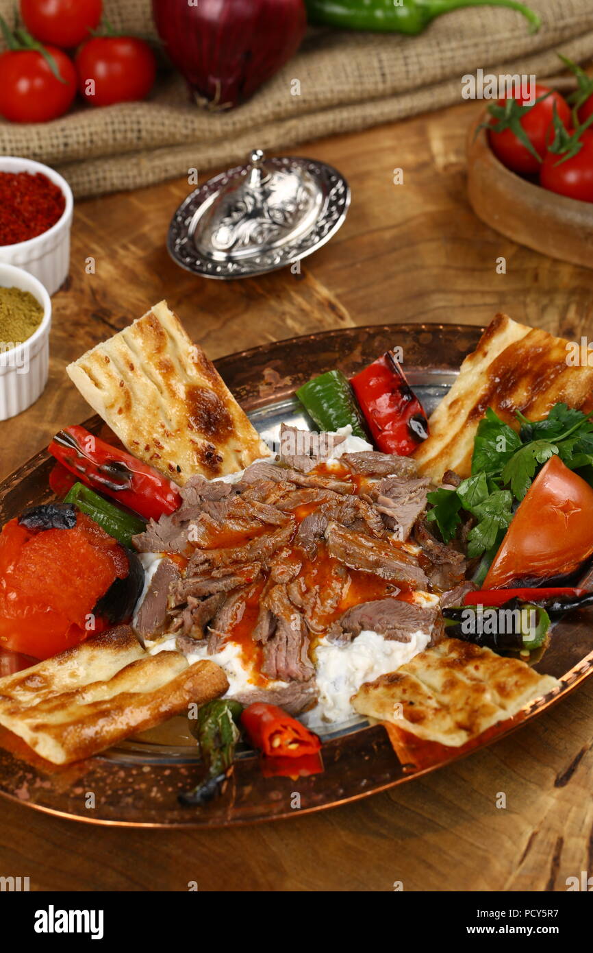 Turkish Meat Kebab served in an anatolian plate Stock Photo - Alamy